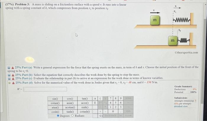 Solved (17\%) Problem 3: A mass is sliding on a frictionless | Chegg.com