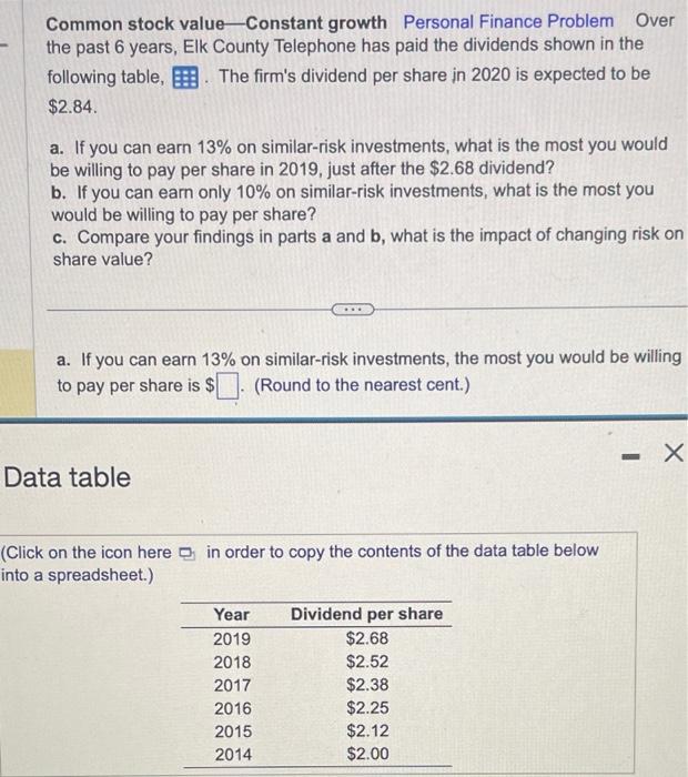Solved Common stock value - Constant growth Personal Finance | Chegg.com