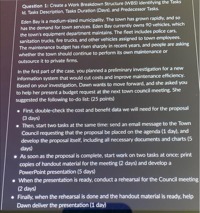Solved Question 1: Create a Work Breakdown Structure (WBS) | Chegg.com