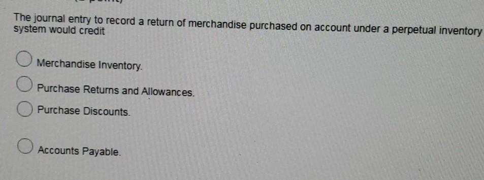 Solved The journal entry to record a return of merchandise | Chegg.com