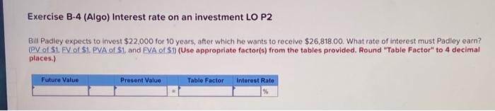 Solved Exercise B-4 (Algo) Interest rate on an investment LO | Chegg.com