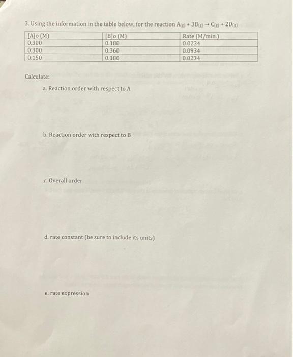 Solved 3. Using the information in the table below, for the | Chegg.com
