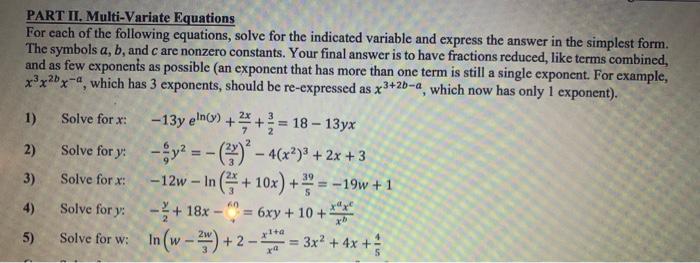 Solved PART II. Multi-Variate Equations For each of the | Chegg.com
