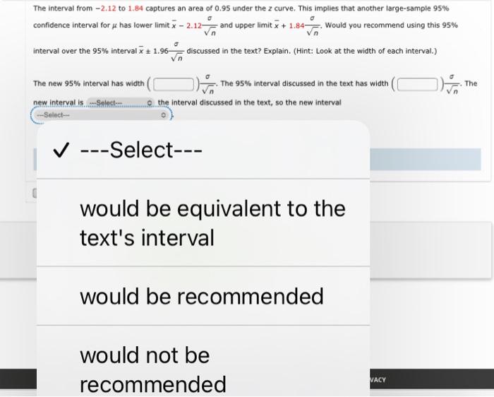 Solved The interval from -2.12 to 1.84 captures an area of | Chegg.com