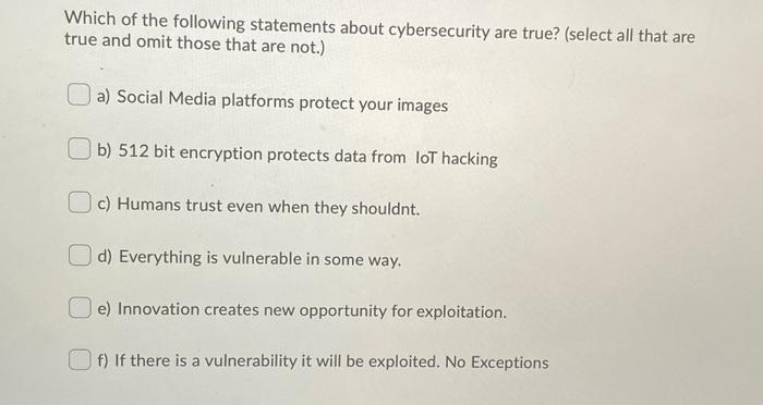 Solved Which of the following statements about cybersecurity | Chegg.com