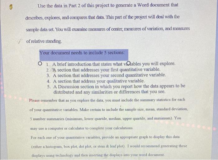 Solved Use The Data In Part 2 Of This Project To Generate A