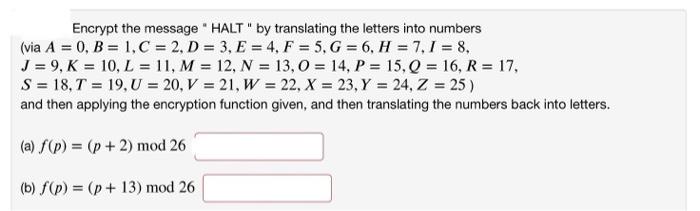 Solved Encrypt the message \" HALT \" by translating the | Chegg.com