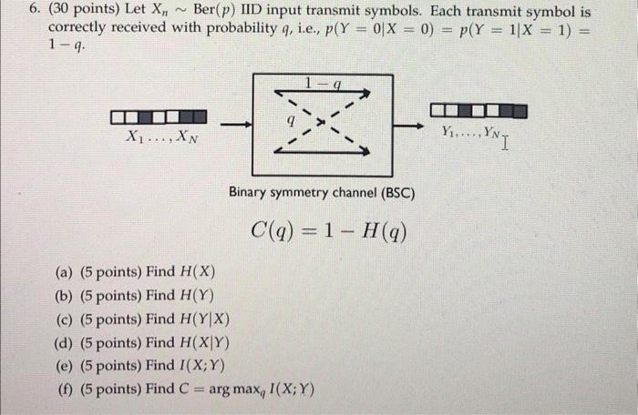 Solved 6. ( 30 points) Let Xn∼Ber(p) IID input transmit | Chegg.com