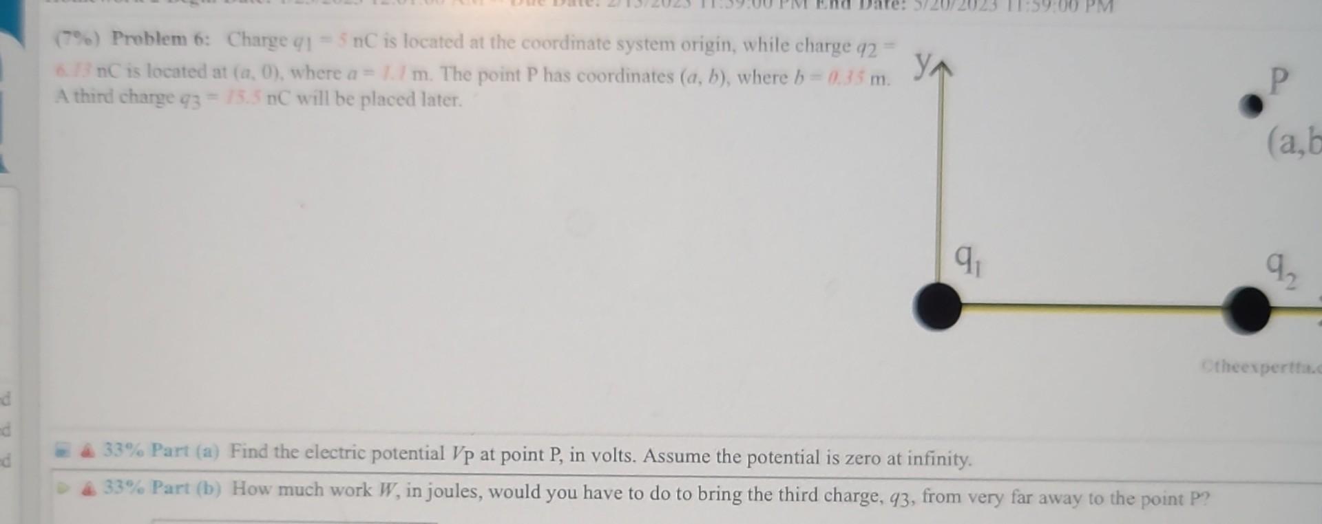 Solved (7\%) Problem 6: Charge q1=5nC is located at the | Chegg.com