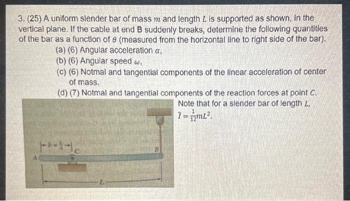 Solved 3. (25) A uniform slender bar of mass m and length L | Chegg.com