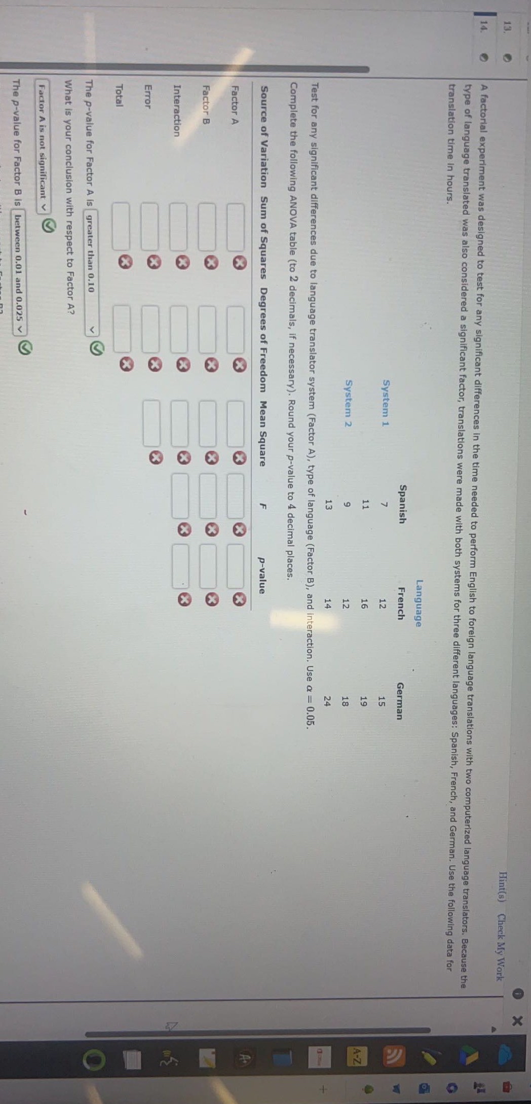 Solved Hint(s)Check My Work14. ﻿A factorial experiment was | Chegg.com