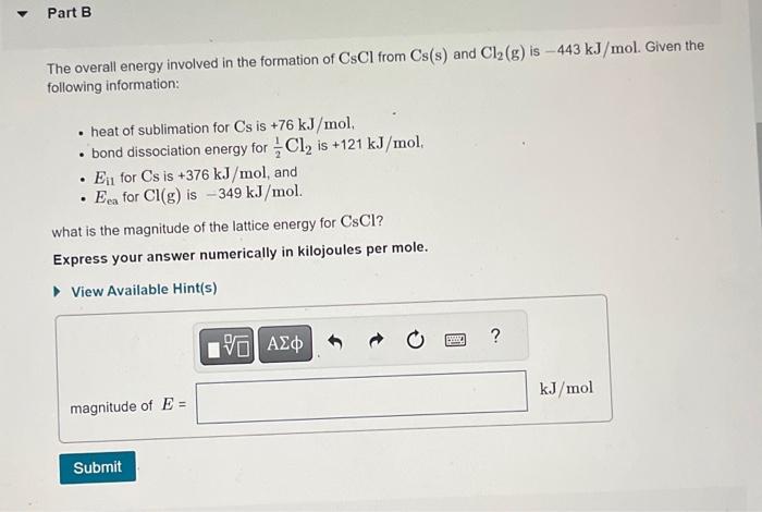 Solved The overall energy involved in the formation of CsCl | Chegg.com