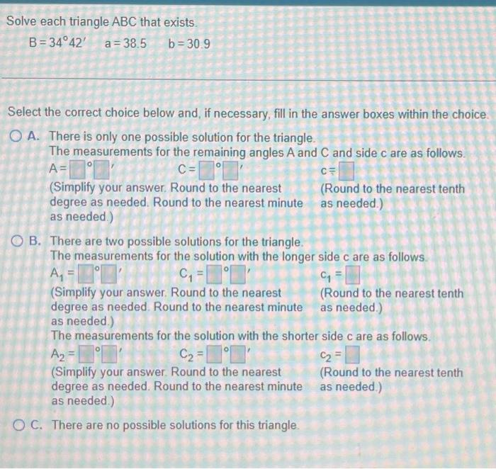 Solved Find the unknown angles in triangle ABC for each | Chegg.com