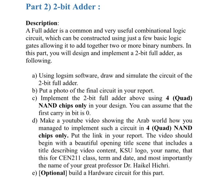 Part 2) 2-bit Adder : Description: A Full adder is a | Chegg.com