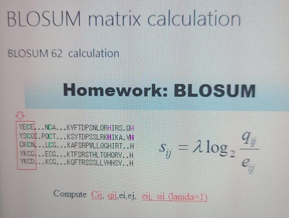 BLOSUM matrix calculation BLOSUM 62 calculation | Chegg.com