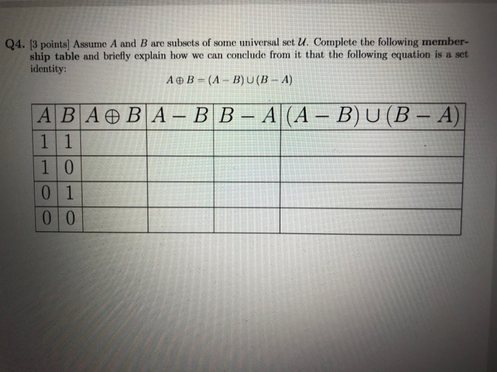 Solved Q4. 3 points) Assume A and B are subsets of some | Chegg.com