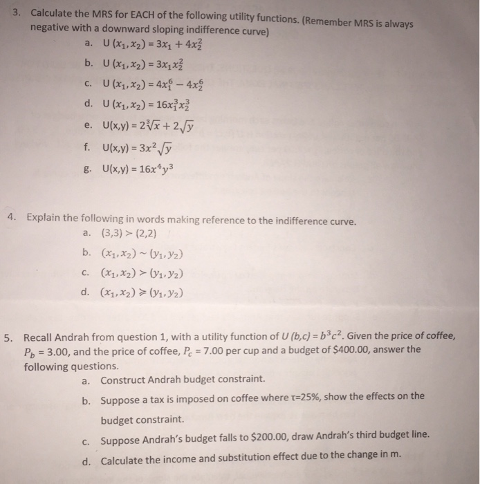 Solved 3. Calculate the MRS for EACH of the following | Chegg.com