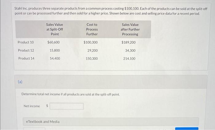 Solved Stahl Inc. produces three separate products from a | Chegg.com