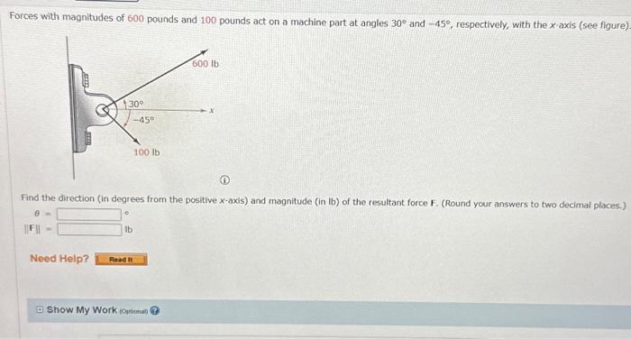 Solved Forces with magnitudes of 600 pounds and 100 pounds | Chegg.com