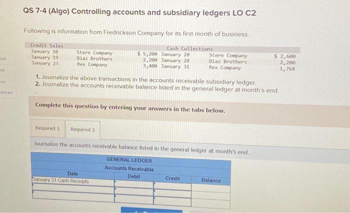 Solved bok int int rences QS 7-4 (Algo) Controlling accounts | Chegg.com