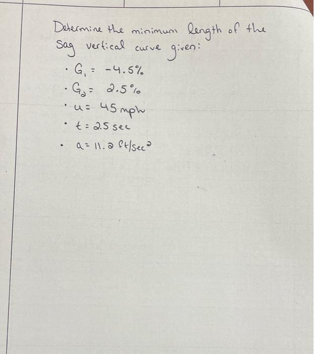 Solved Determine the minimum length of the Sag vertical | Chegg.com