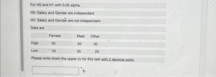 Solved For H0 and H1 with 0.05 alpha, HO: Salary and Gender | Chegg.com