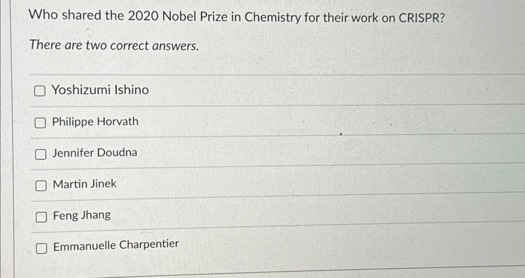 Solved Who shared the 2020 ﻿Nobel Prize in Chemistry for | Chegg.com