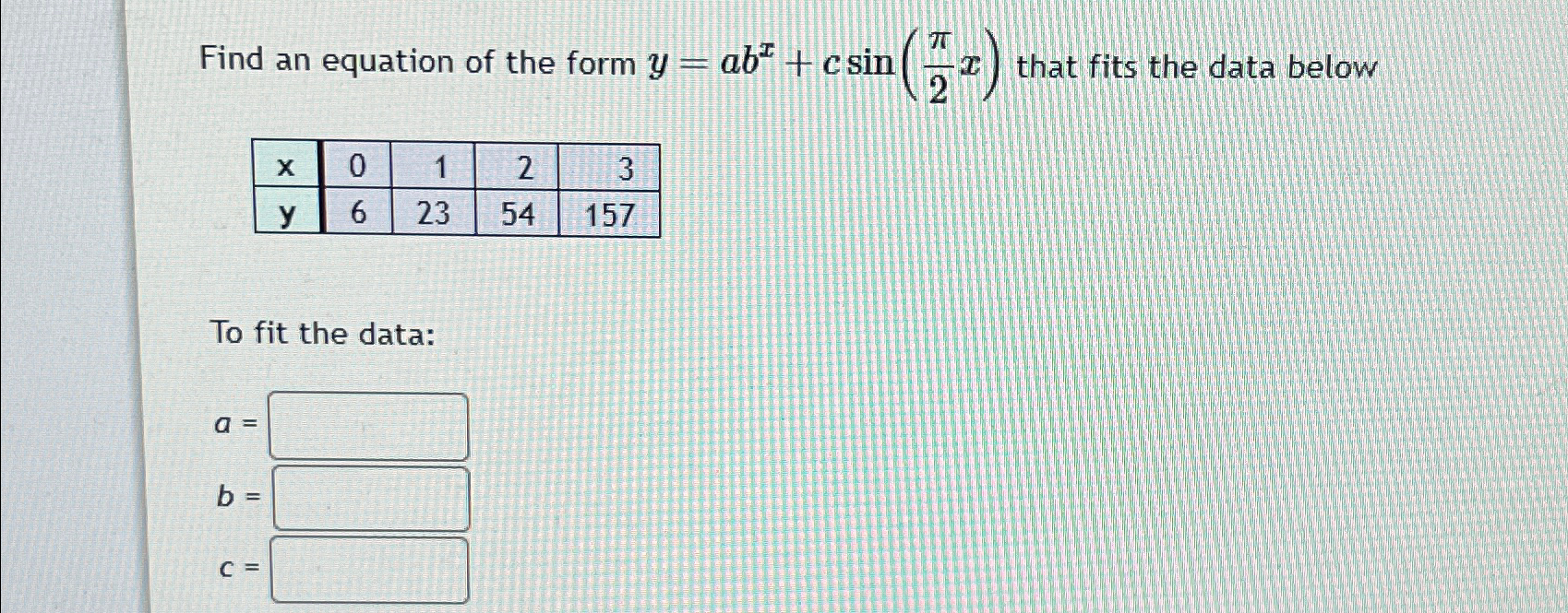 Solved Find an equation of the form y=abx+csin(π2x) ﻿that | Chegg.com