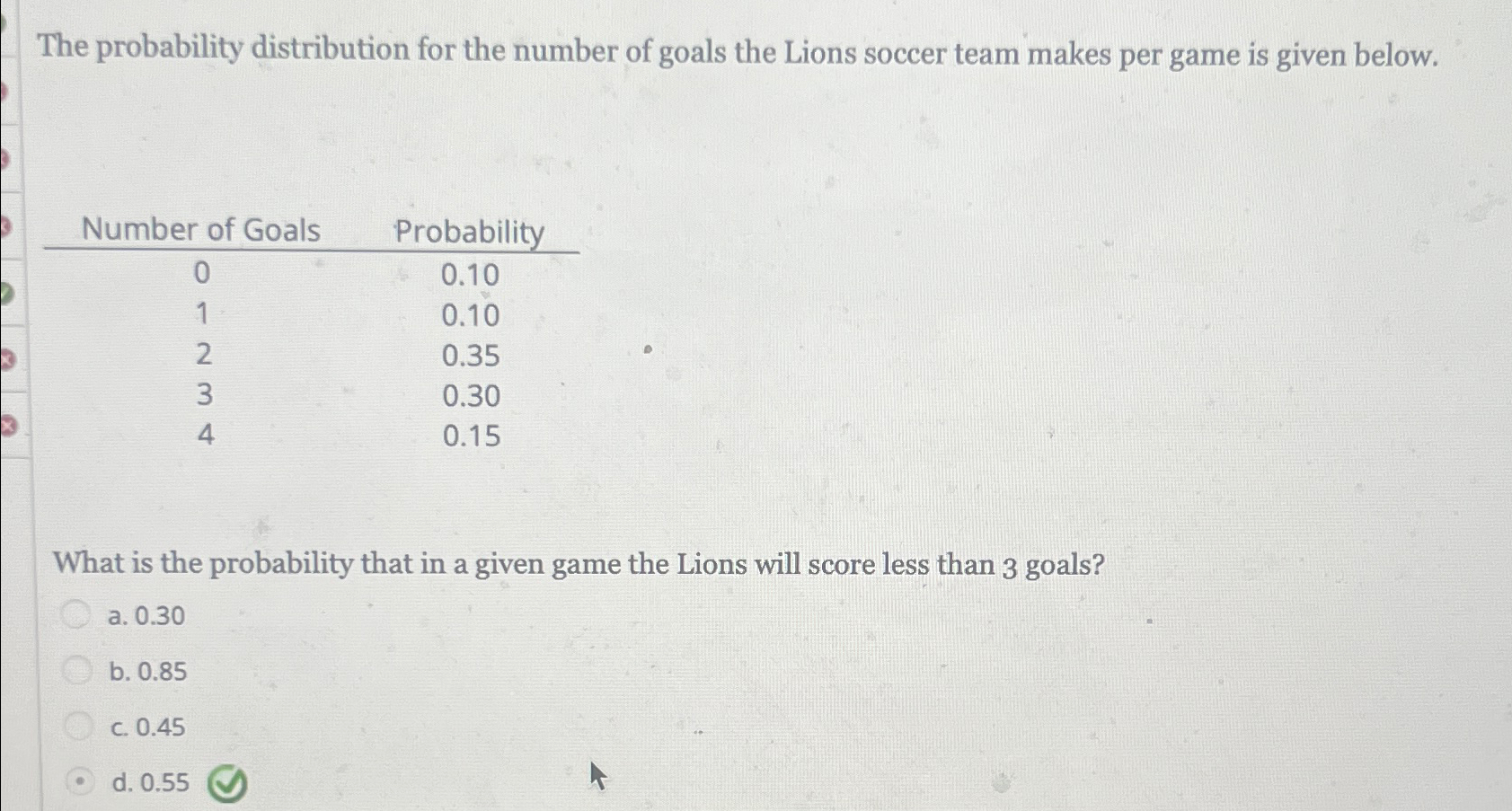 Solved The probability distribution for the number of goals | Chegg.com