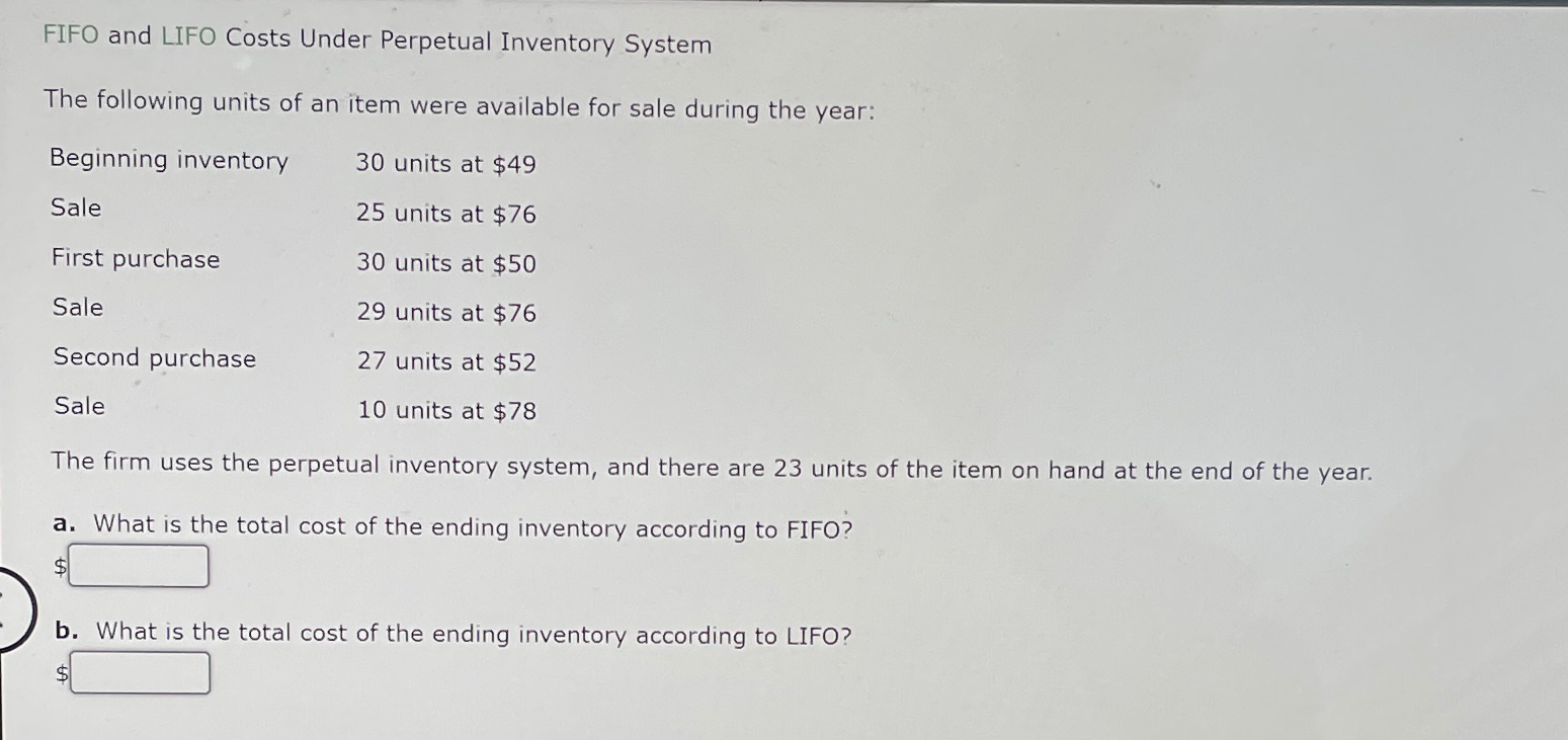Solved FIFO and LIFO Costs Under Perpetual Inventory | Chegg.com