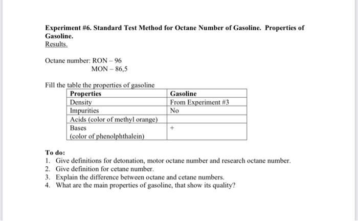 Solved Experiment #6. Standard Test Method for Octane Number | Chegg.com