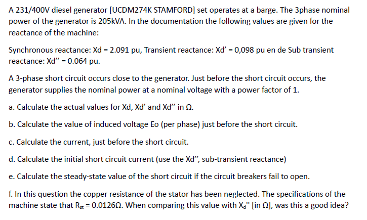 Solved A 231/400V diesel generator [UCDM274K STAMFORD] ﻿set | Chegg.com