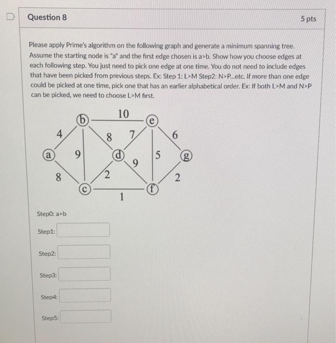 Solved D Question 8 5 pts Please apply Prime's algorithm on | Chegg.com