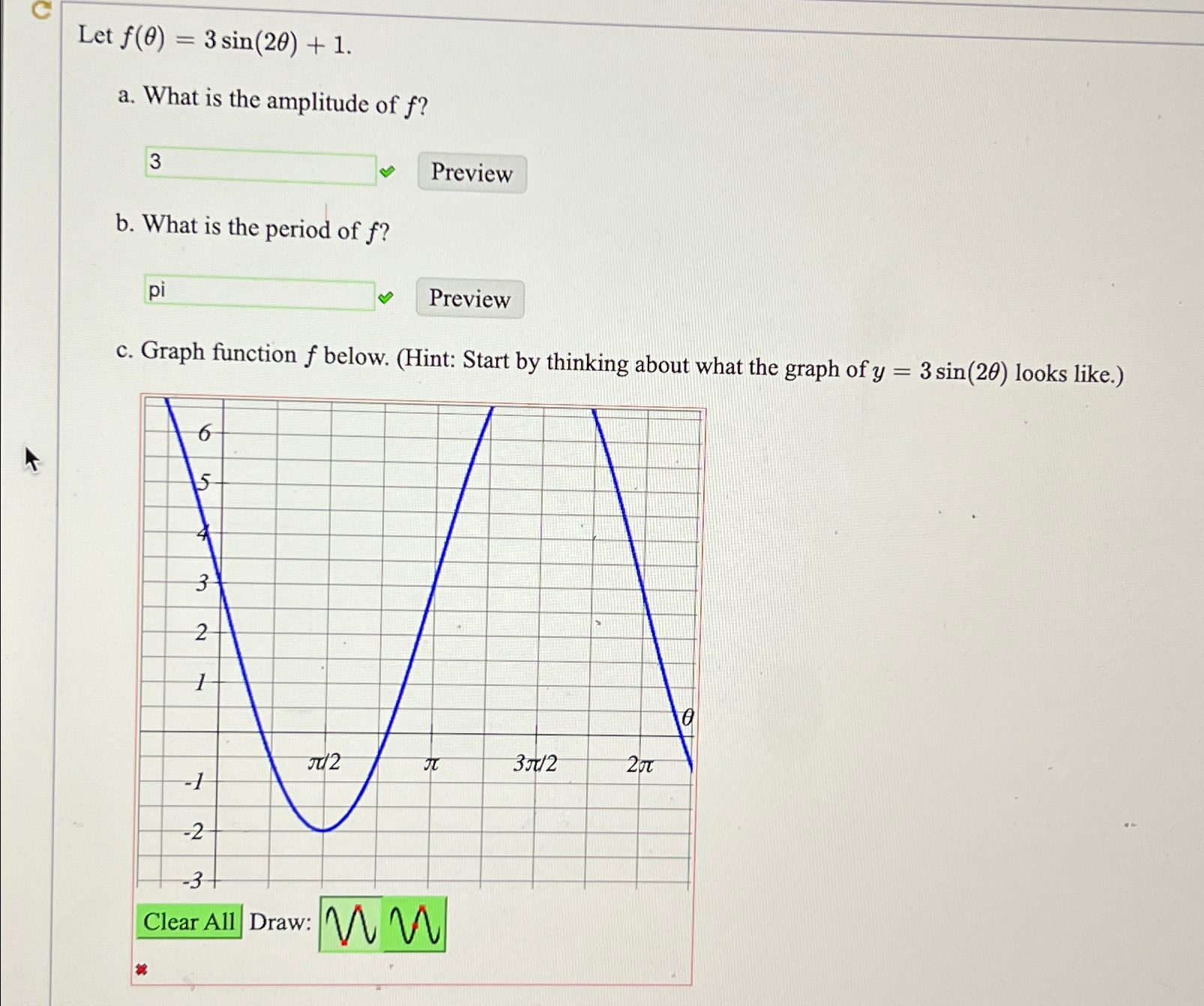 Solved Let f(θ)=3sin(2θ)+1.a. ﻿What is the amplitude of | Chegg.com