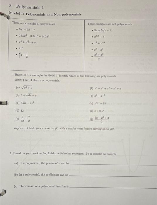 Solved 3 Polynomials 1 Model 1: Polynomials and | Chegg.com