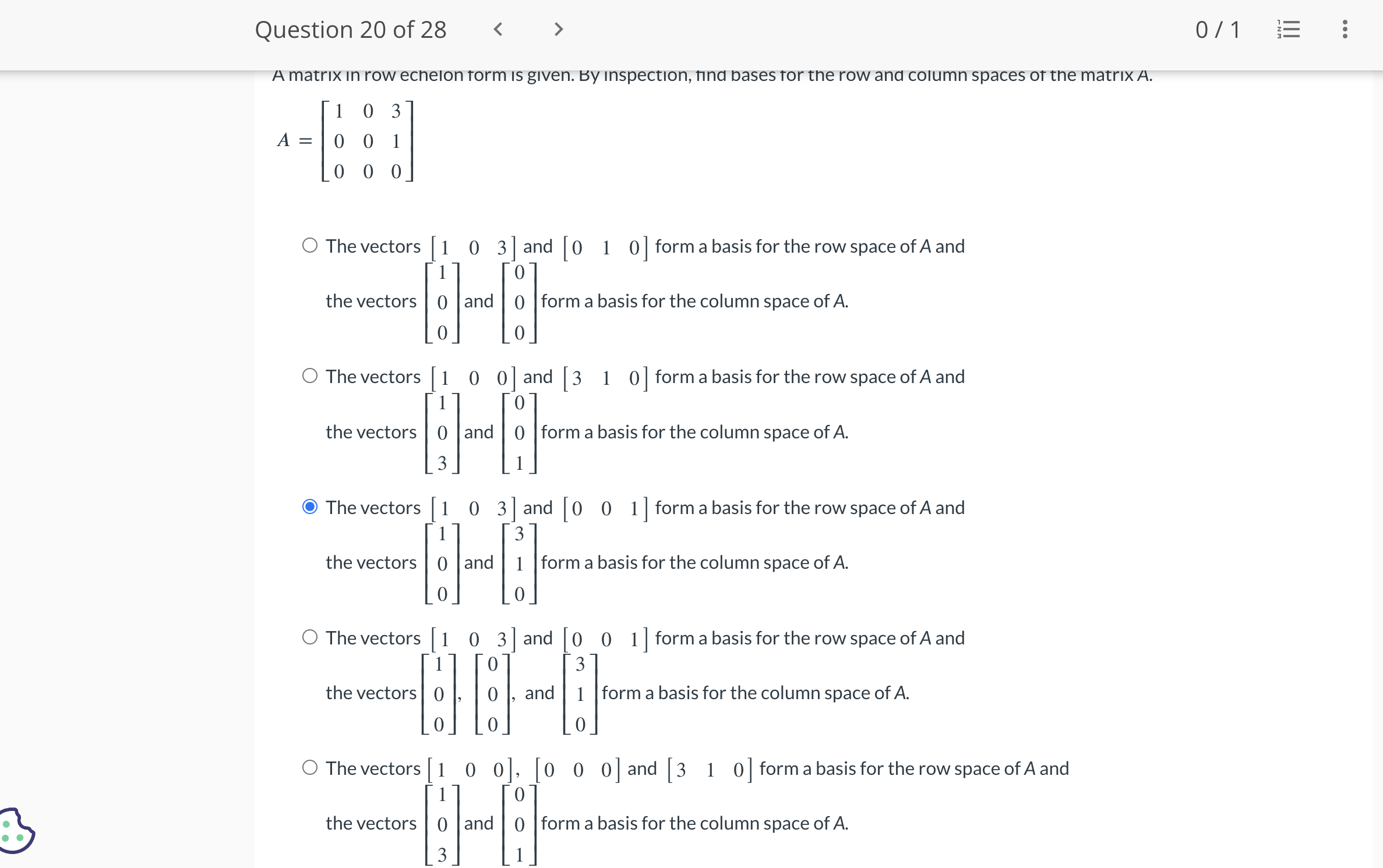 Solved Question 20 of 28A matrix in ﻿row echeion torm is | Chegg.com