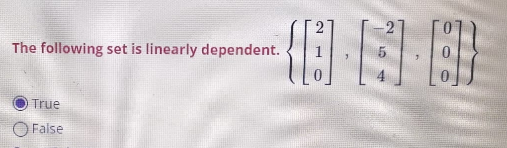 Solved The following set is linearly dependent. | Chegg.com