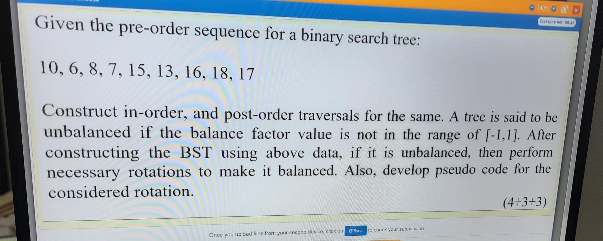 Solved 140%* Given the pre-order sequence for a binary | Chegg.com