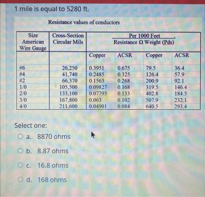 Solved Calculate the resistance of the 10 miles of 1/0 ACSR | Chegg.com