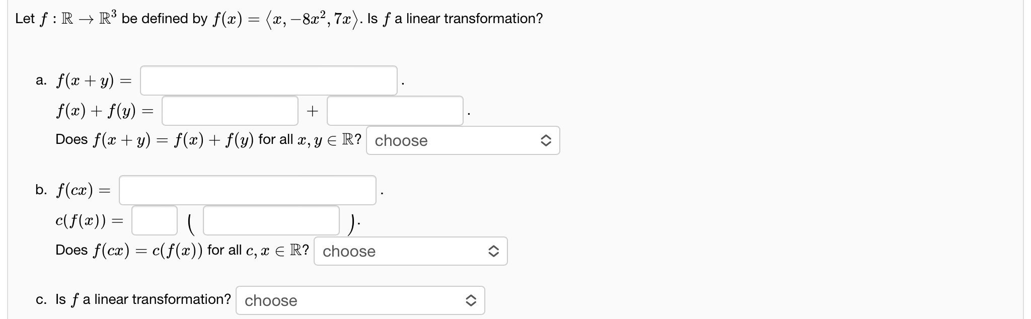 Let f:R→R3 ﻿be defined by f(x)=(:x,-8x2,7x:). ﻿Is f | Chegg.com