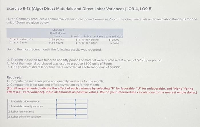 Solved Exercise 9-13 (Algo) Direct Materials and Direct | Chegg.com