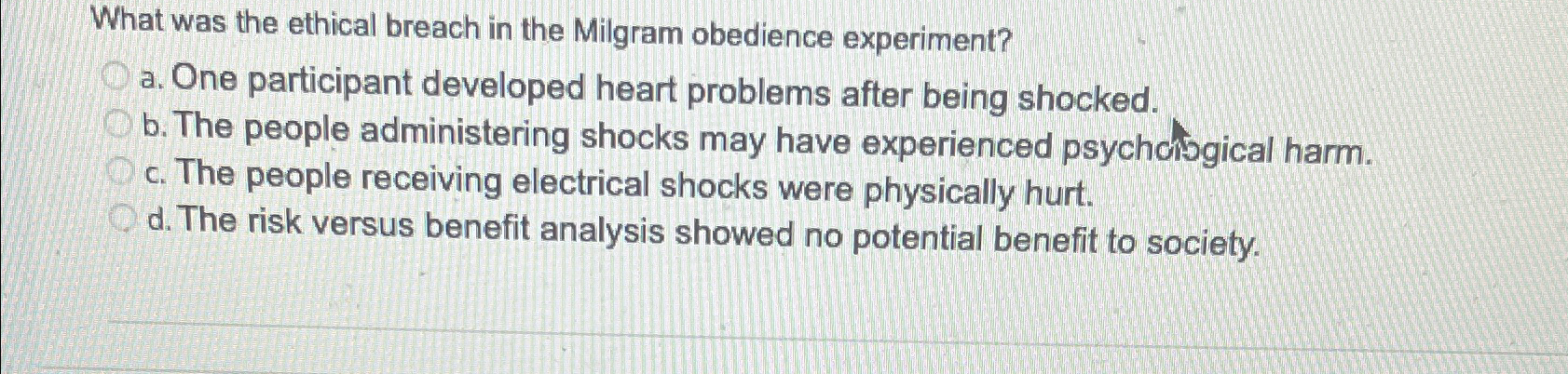 Solved What was the ethical breach in the Milgram obedience | Chegg.com