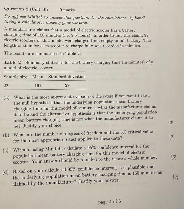 Solved Question 2 (Unit 10) - 9 marks Do not use Minitab to | Chegg.com