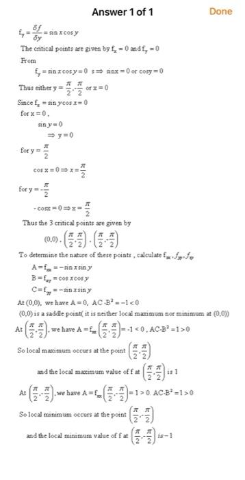 Solved fy=δyδf=sinxcosy The critical points are given by | Chegg.com