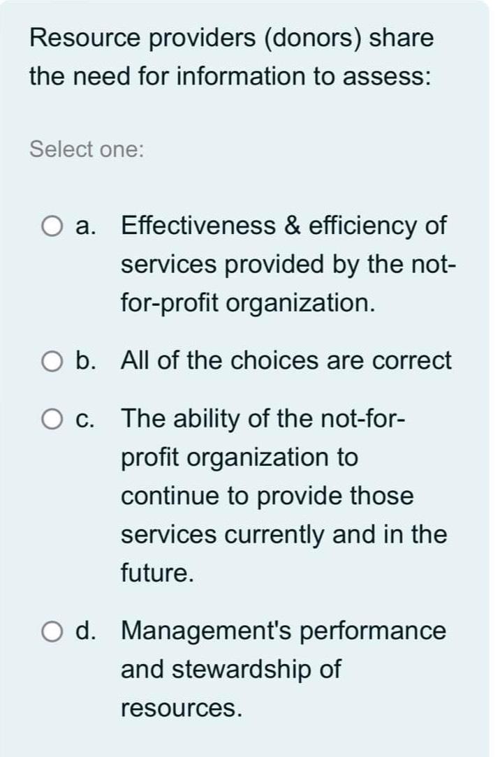 Solved Resource providers (donors) ﻿share the need for | Chegg.com