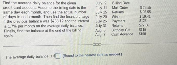 Solved find average daily balance, finance charge, and | Chegg.com