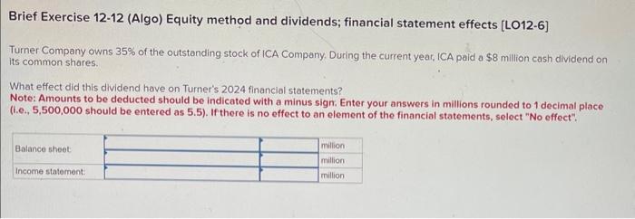 Solved Brief Exercise 12-12 (Algo) Equity method and | Chegg.com
