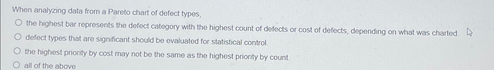 Solved When analyzing data from a Pareto chart of defect | Chegg.com