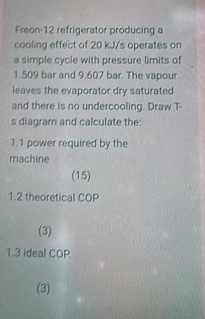 Solved Freon-12 refrigerator producing a cooling effect of | Chegg.com