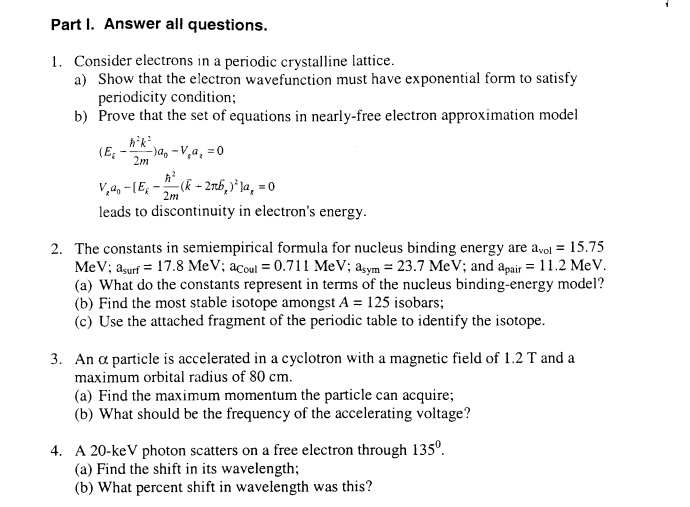 Part I. Answer all questions.Consider electrons in a | Chegg.com